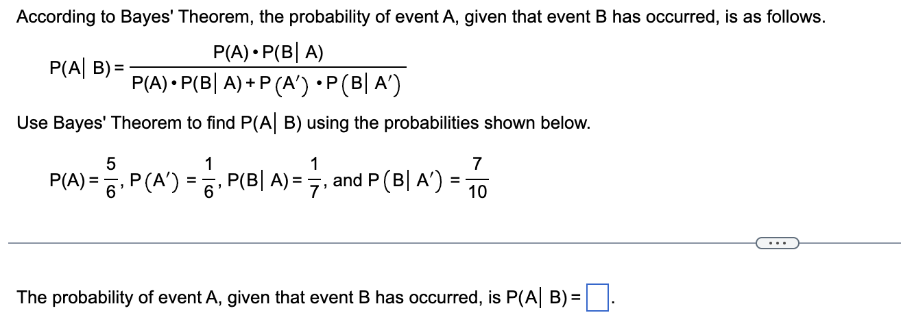 Solved According to Bayes' Theorem, the probability of event | Chegg.com