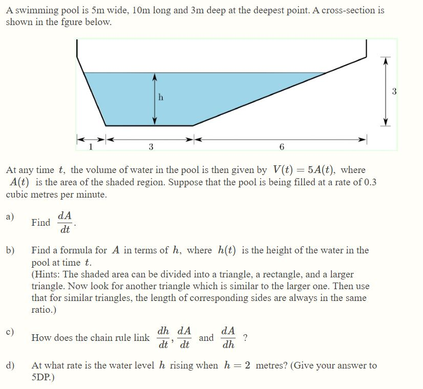 Solved A swimming pool is 5m wide, 10m long and 3m deep at | Chegg.com