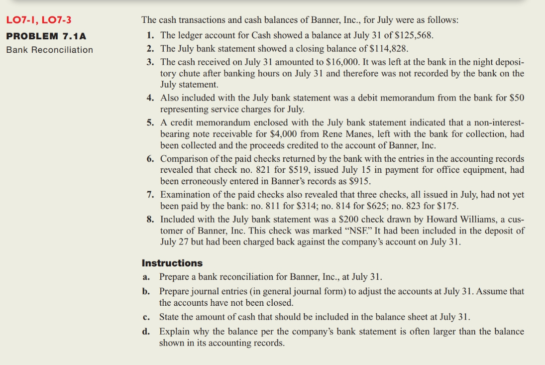 Solved LO7-I, LO7-3 PROBLEM 7.1A Bank Reconciliation The | Chegg.com Solved LO7-I, LO7-3 PROBLEM 7.1A Bank Reconciliation The | Chegg.com