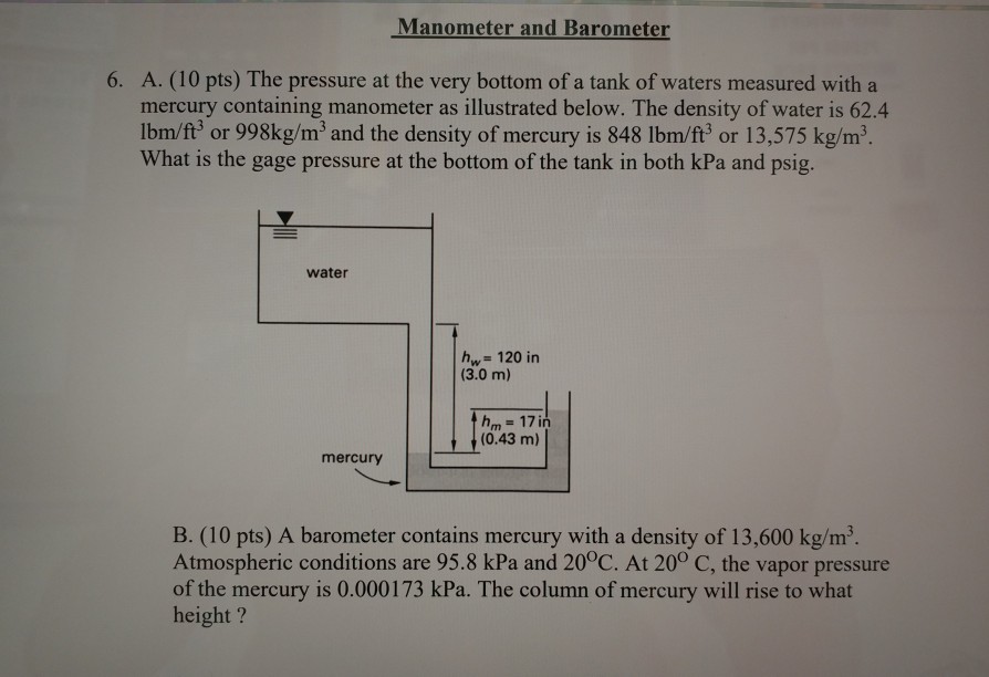 Solved Manometer and Barometer A. (10 pts) The pressure at | Chegg.com