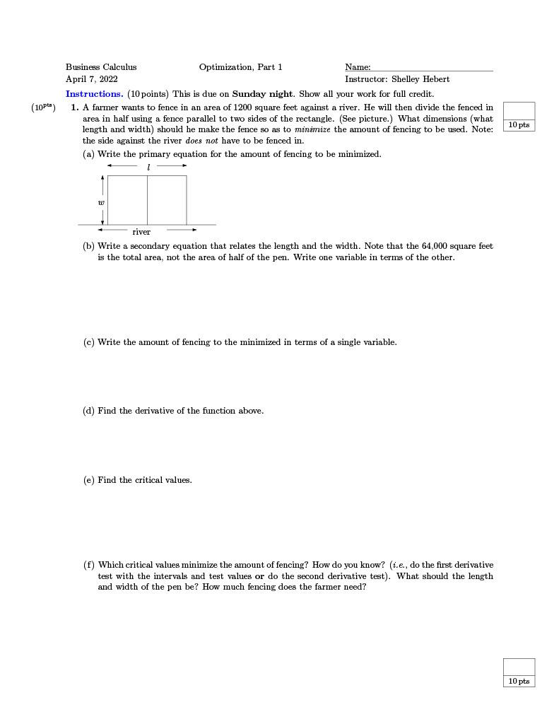 Solved (10) Business Calculus Optimization, Part 1 Name: | Chegg.com
