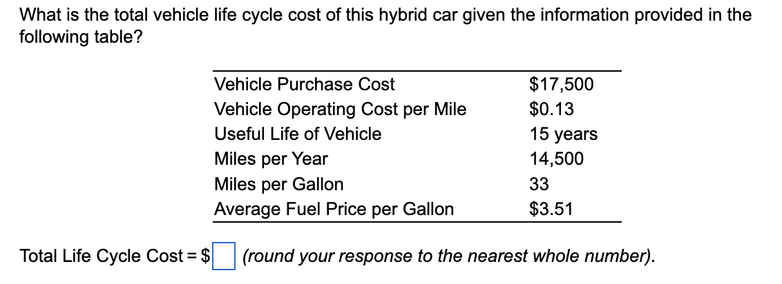 Solved What is the total vehicle life cycle cost of this | Chegg.com