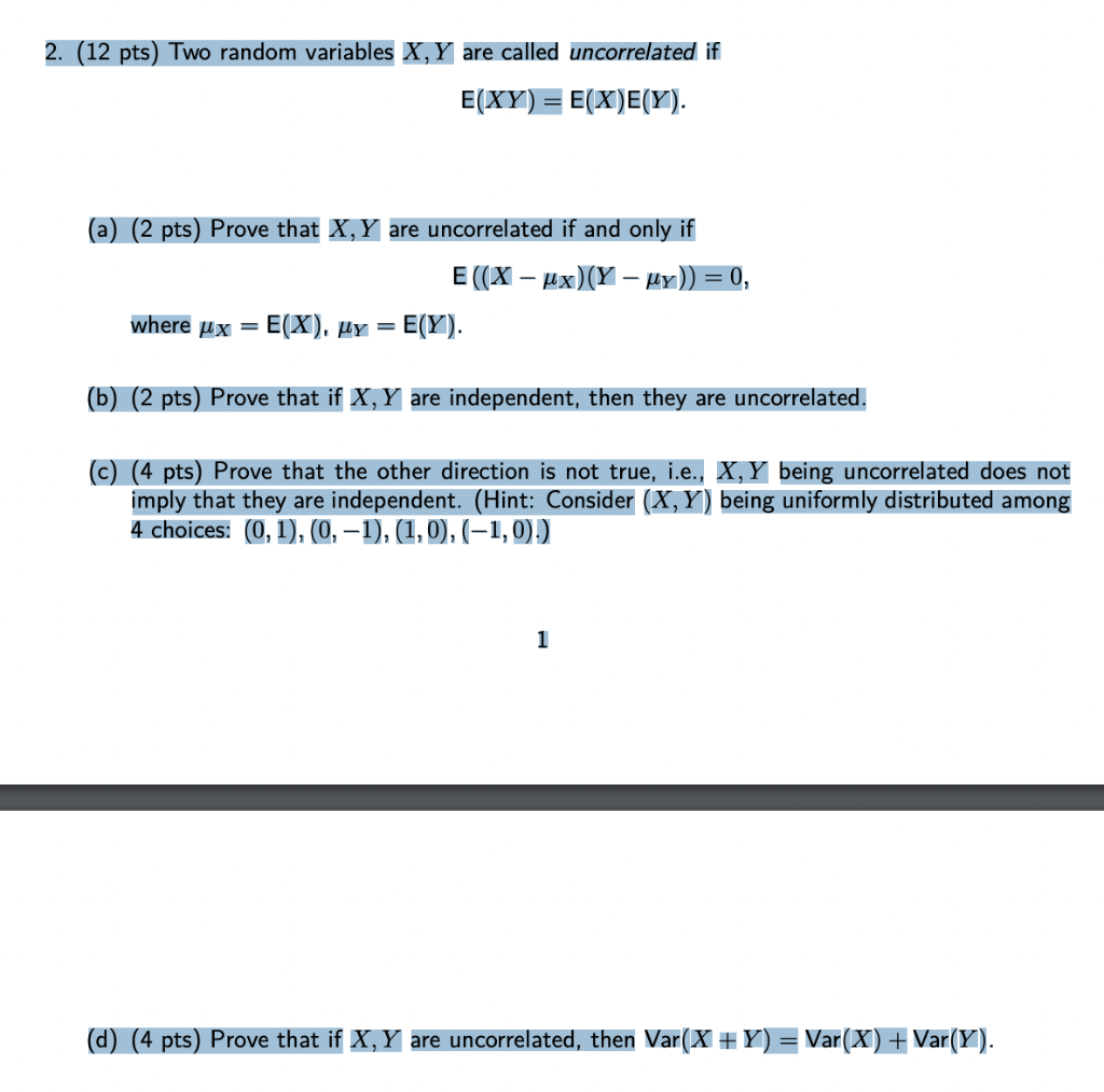 Solved 2. (12 pts) Two random variables X,Y are called | Chegg.com