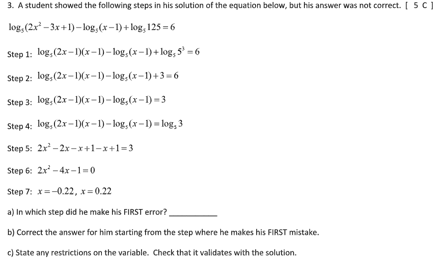 Solved 3. A student showed the following steps in his | Chegg.com