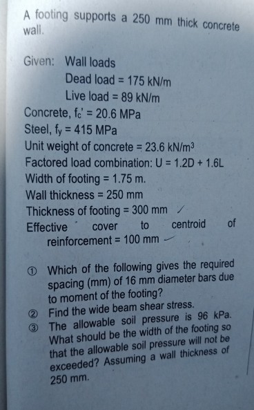 Solved A footing supports a 250 mm thick concrete wall. | Chegg.com