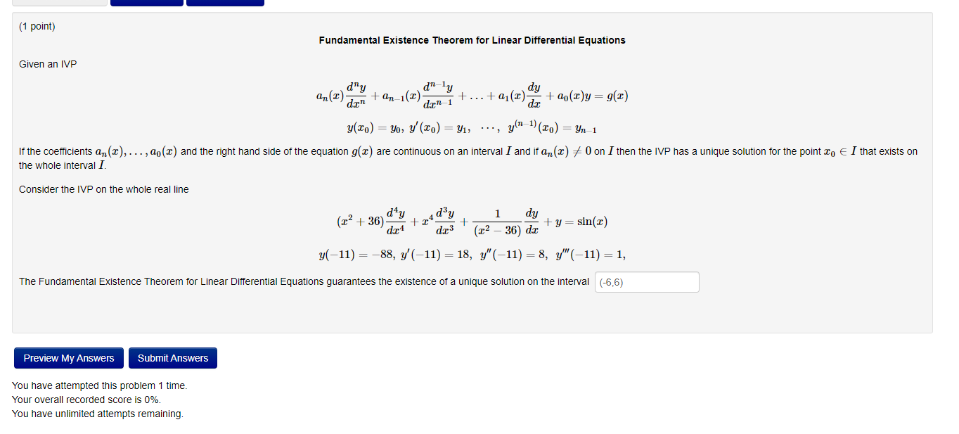 Solved (1 point) Fundamental Existence Theorem for Linear | Chegg.com