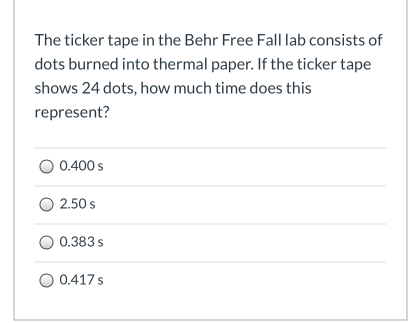 Solved The ticker tape in the Behr Free Fall lab consists of | Chegg.com