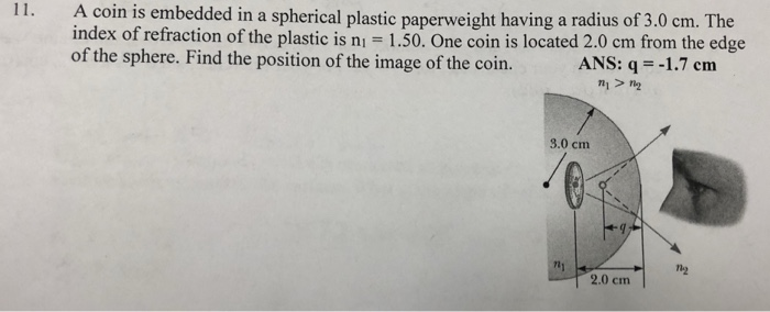 Solved 11. A coin is embedded in a spherical plastic | Chegg.com