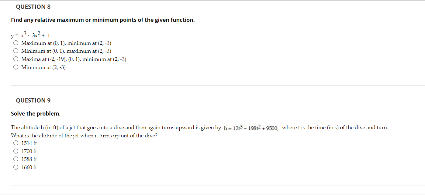 Solved QUESTION 8 Find any relative maximum or minimum | Chegg.com