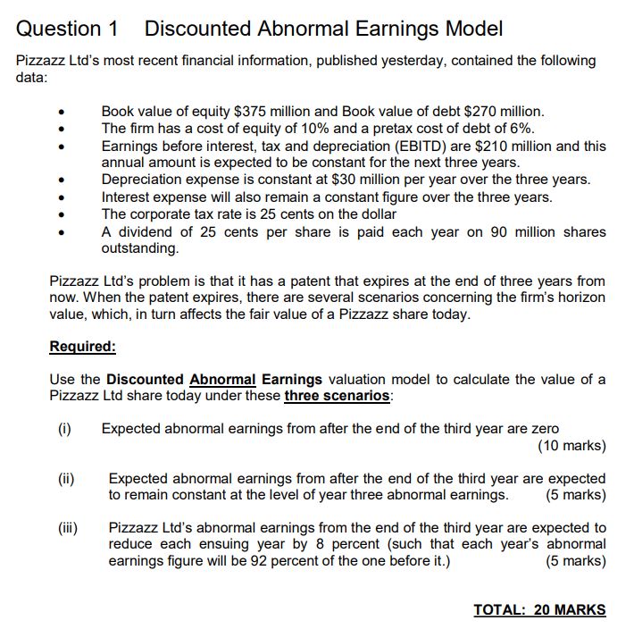 uestion 1 Discounted Abnormal Earnings Model zzazz | Chegg.com