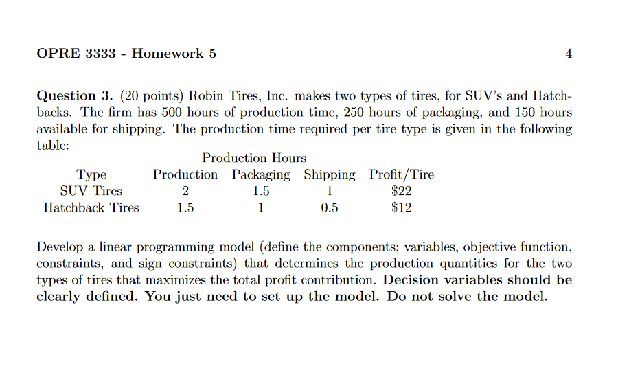 Solved OPRE 3333 - Homework 5 4 Question 3. (20 points) | Chegg.com