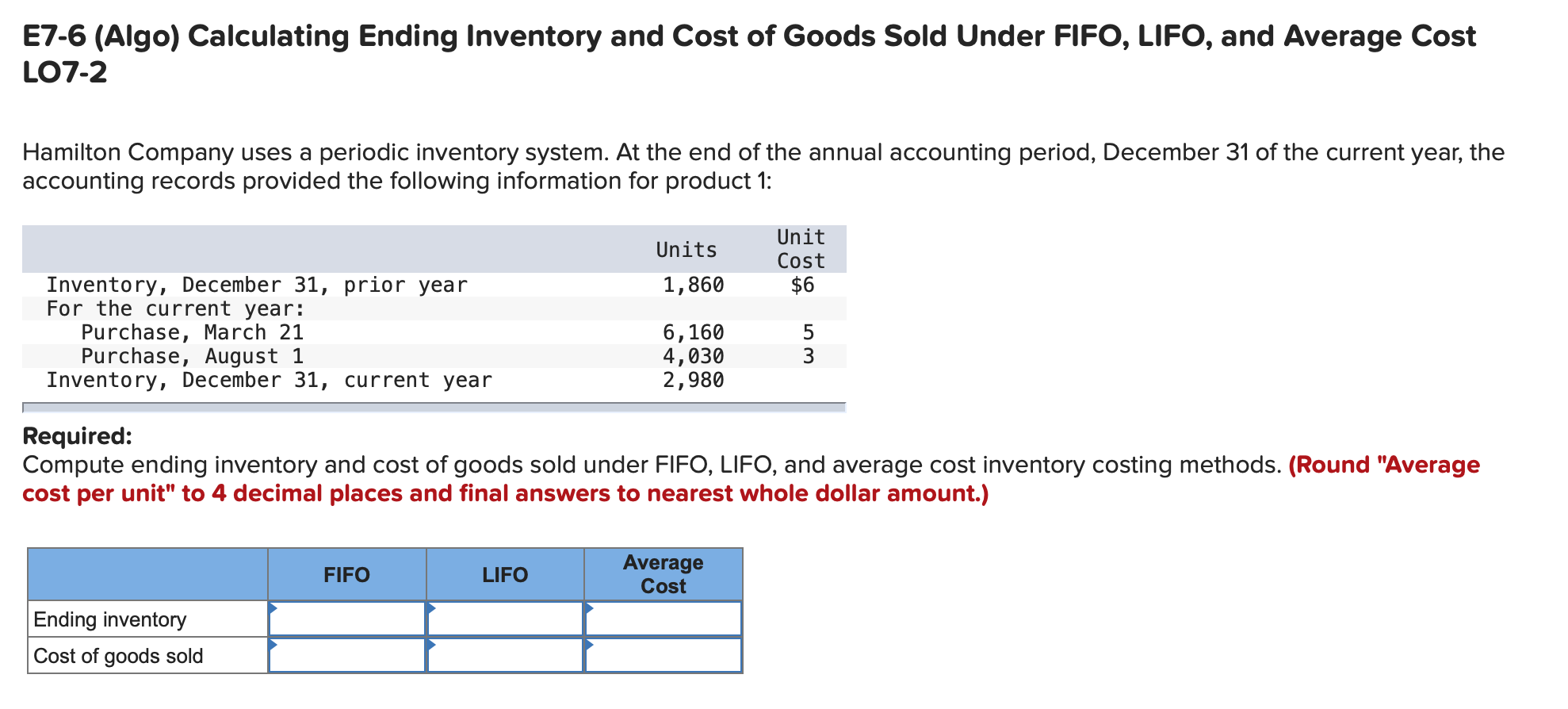 Solved E7-6 (Algo) Calculating Ending Inventory and Cost of | Chegg.com