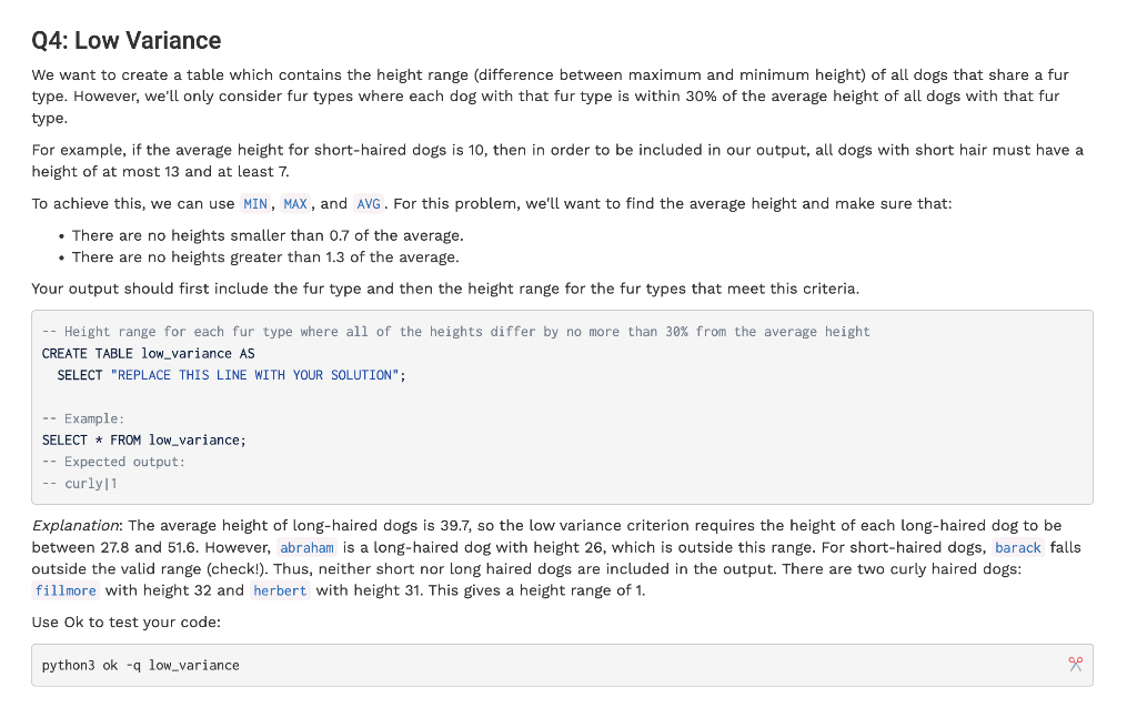 Solved Q4: Low Variance We want to create a table which | Chegg.com