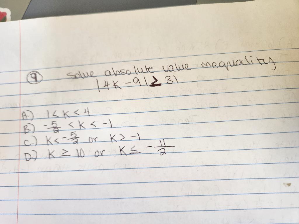 Solved (9) Solve absolute value ineapiality ∣4K−9∣≥3∣ A.) | Chegg.com