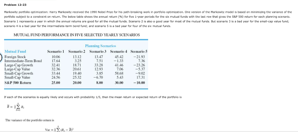 Solved Problem 12-23 Markowitz portfolio optimization: Harry | Chegg.com
