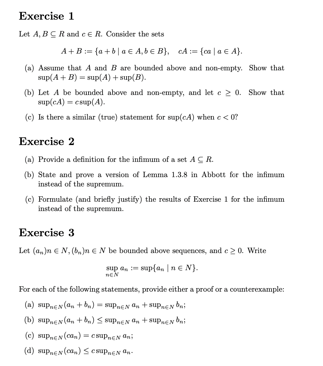 Solved Exercise 1Let A,BsubeR and cinR. Consider the | Chegg.com