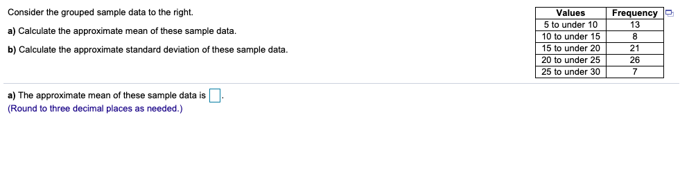 Solved Consider the grouped Sample data to the right. a) | Chegg.com