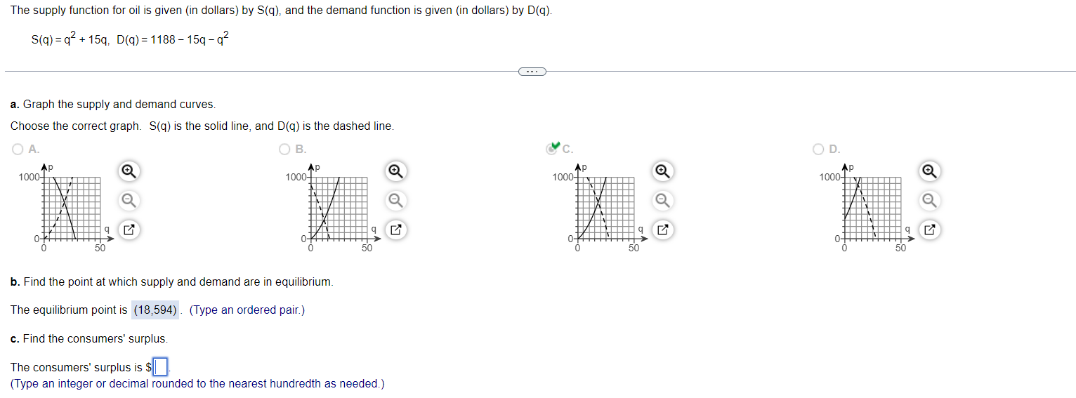 Solved S(q)=q2+15q,D(q)=1188−15q−q2 a. Graph the supply and | Chegg.com