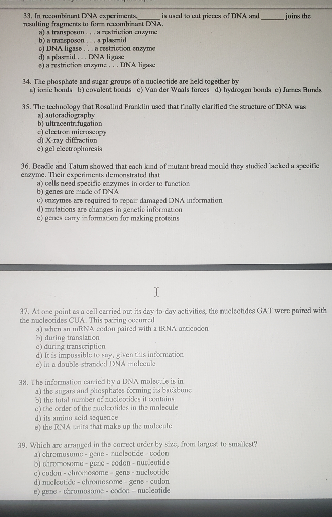 Solved 33. In recombinant DNA experiments, is used to cut | Chegg.com