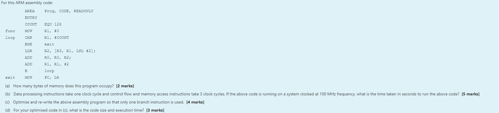 For this ARM assembly code: AREA Prog, CODE, READONLY | Chegg.com