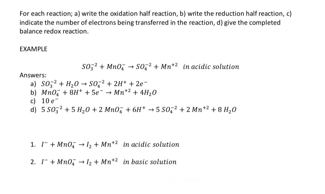 Solved For each reaction; a) write the oxidation half | Chegg.com