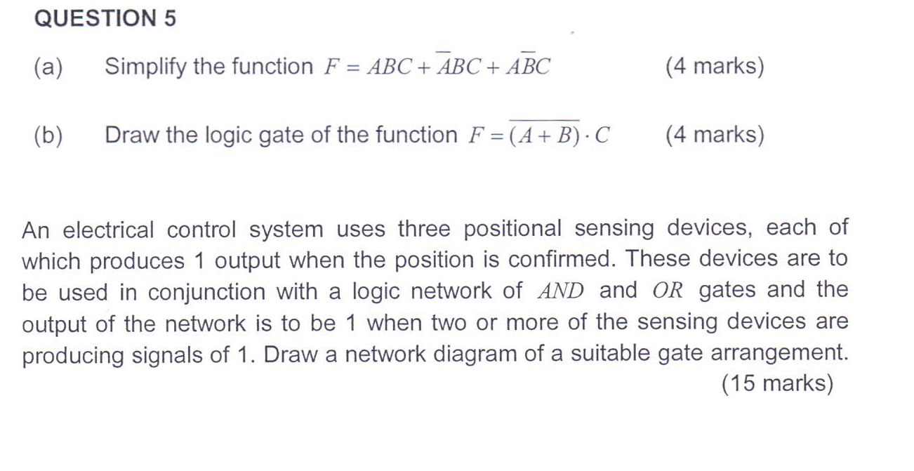 Solved QUESTION 5 (a) Simplify the function F=ABC+AˉBC+ABˉC | Chegg.com