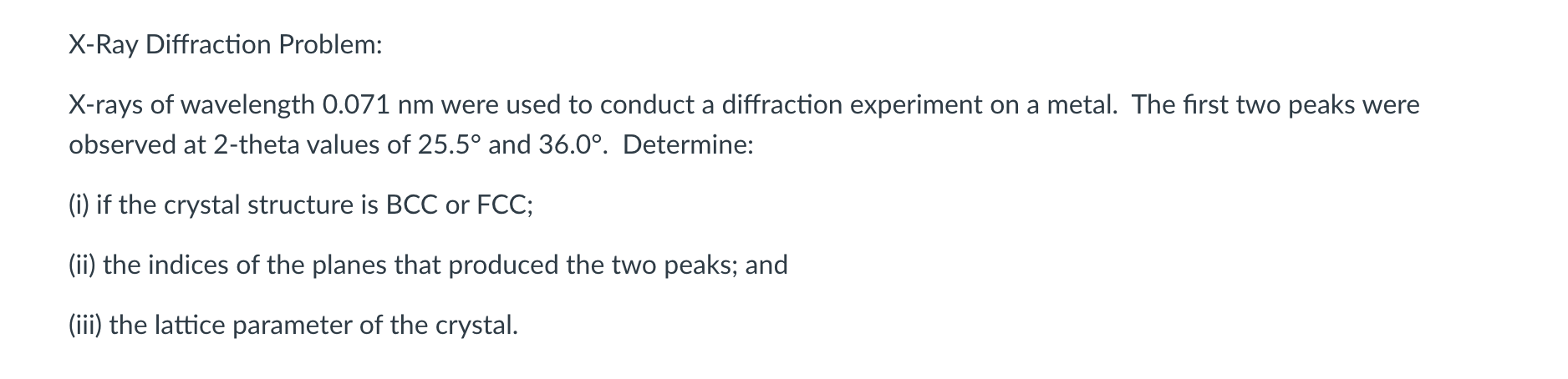 Solved X-Ray Diffraction Problem: X-rays of wavelength 0.071 | Chegg.com
