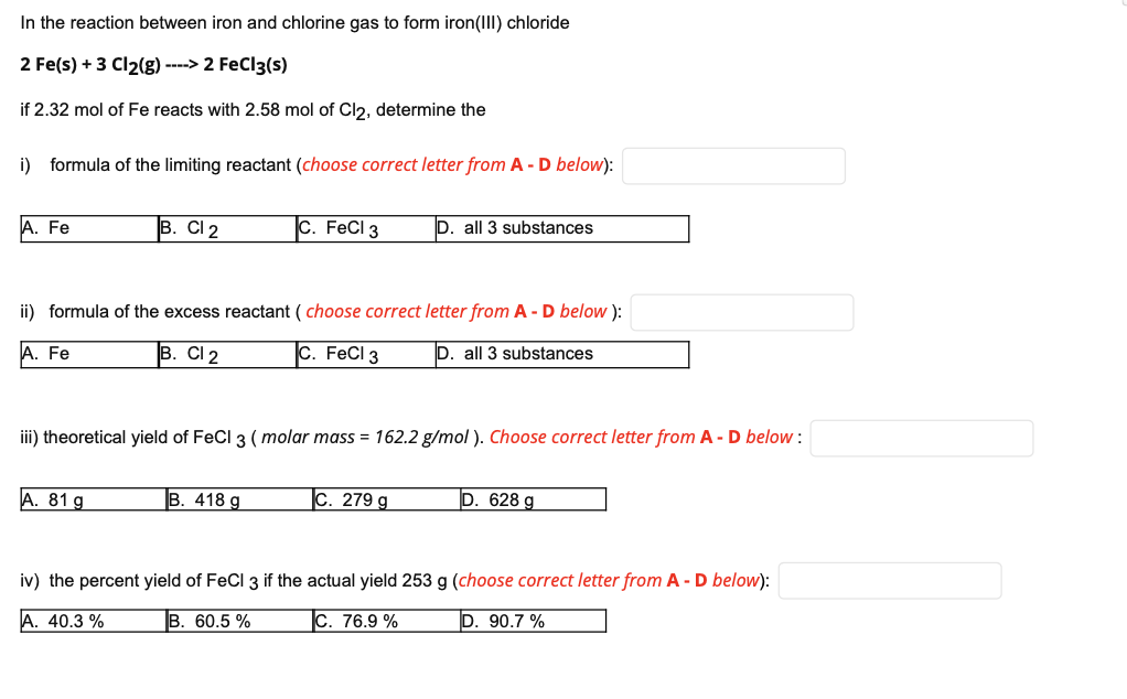 Solved In The Reaction Between Iron And Chlorine Gas To Form