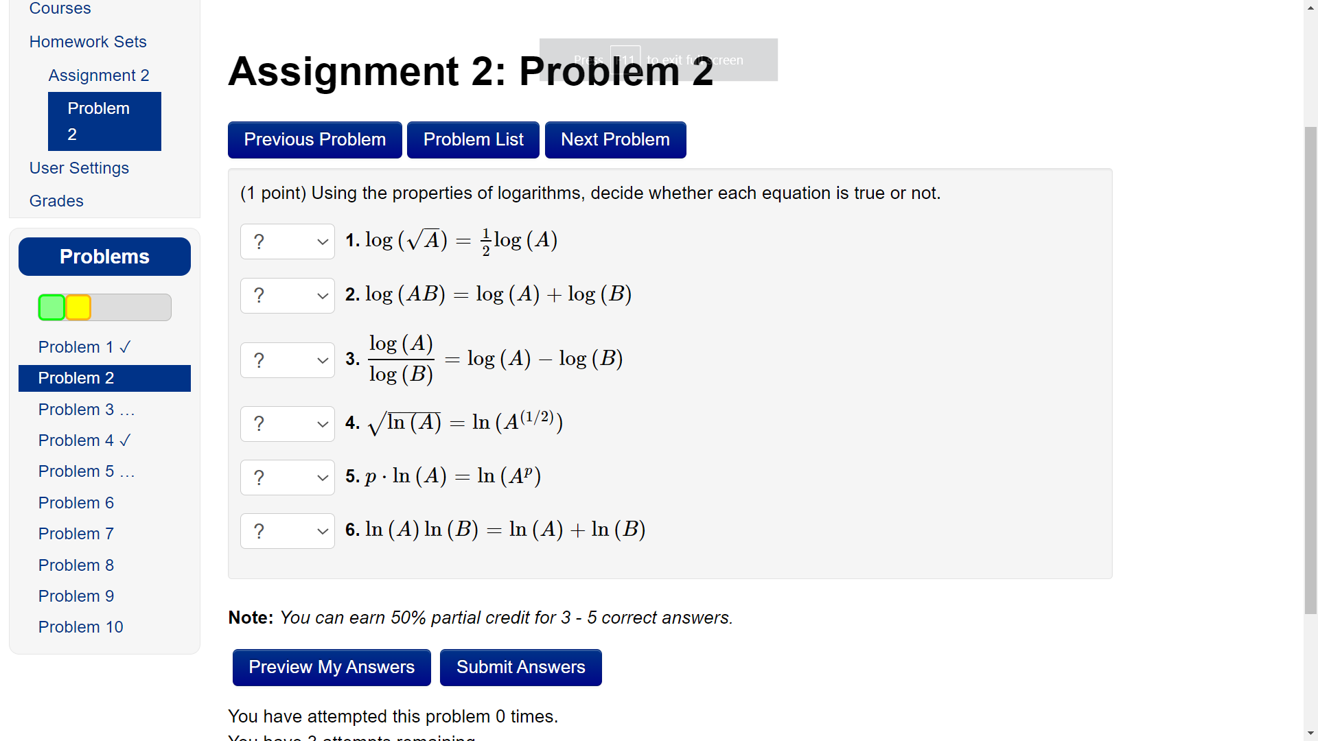Solved (1 point) Using the properties of logarithms, decide | Chegg.com