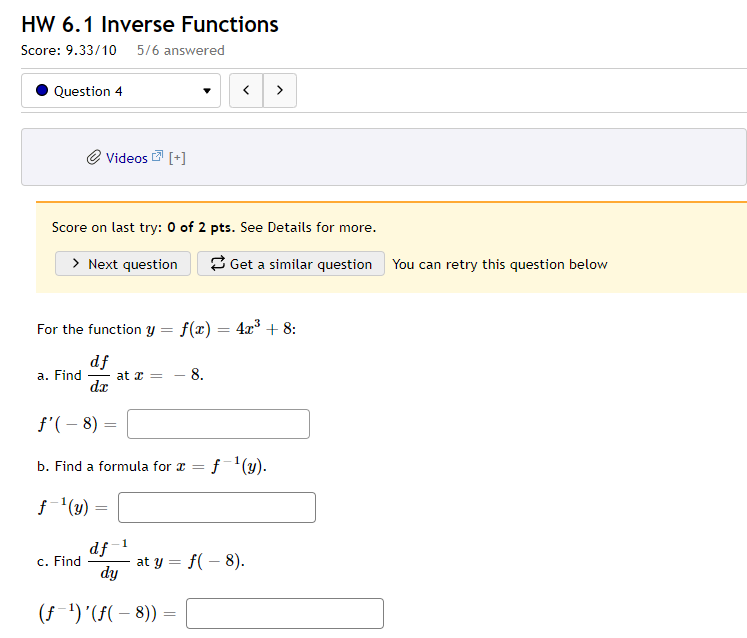 Solved HW 6.1 Inverse Functions Score: 9.33/10 5/6 answered | Chegg.com