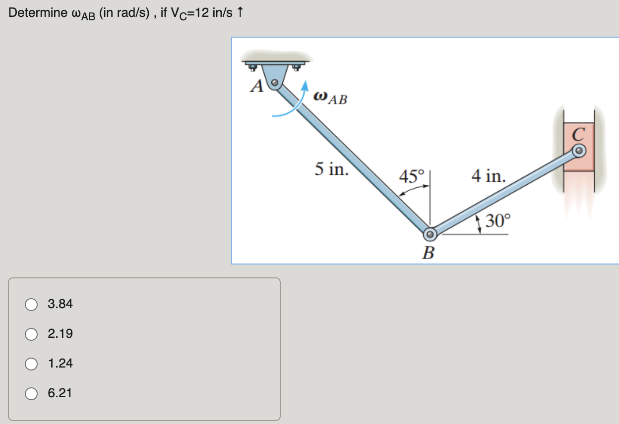 Solved Determine wAB (in rad/s), if Vc=12 in/s f A ФАВ 5 in. | Chegg.com