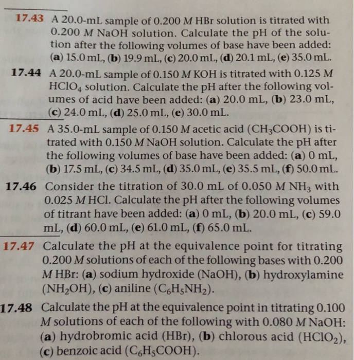 Solved 17.43 A 20.0-mL sample of 0.200 M HBr solution is | Chegg.com