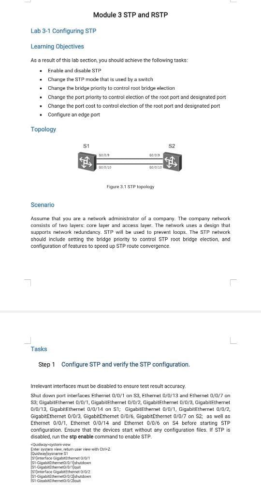 Module 3 STP and RSTP Lab 3-1 Configuring STP | Chegg.com