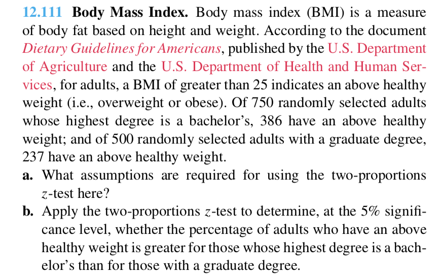 Solved 12.111 Body Mass Index. Body mass index (BMI) is a | Chegg.com