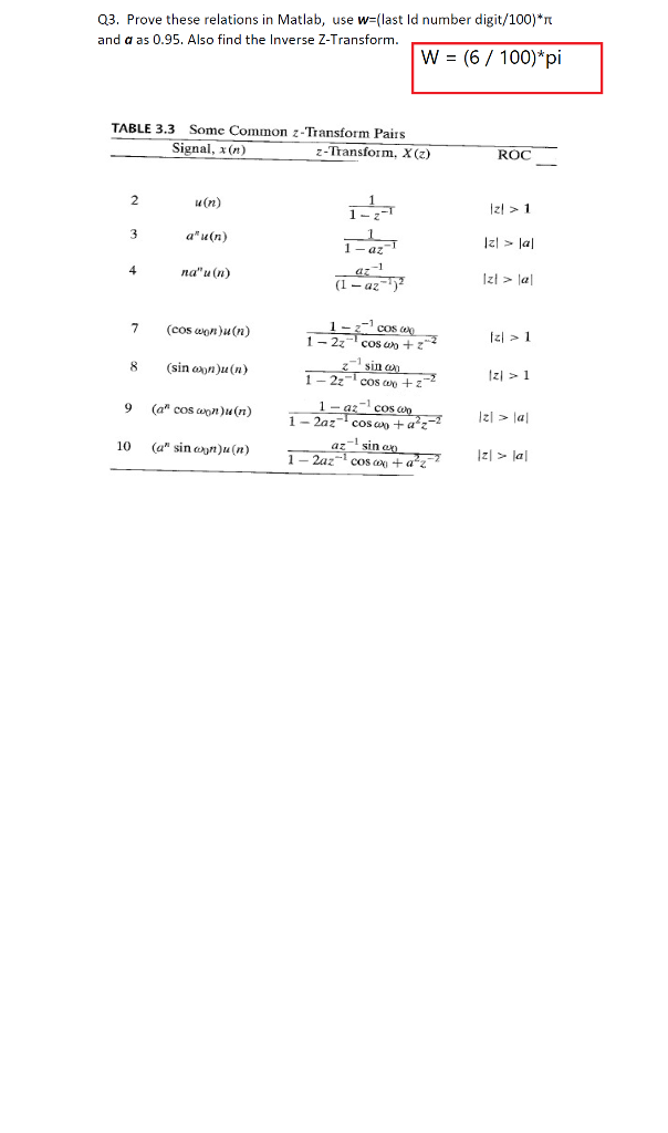 Solved Q3. Prove these relations in Matlab, use w=( last Id | Chegg.com