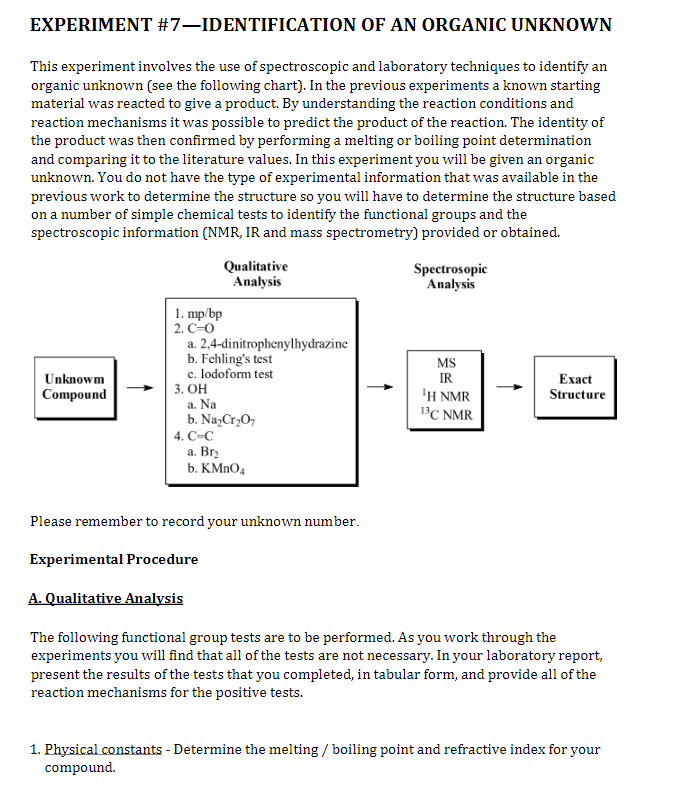 Solved EXPERIMENT #7-IDENTIFICATION OF AN ORGANIC UNKNOWN | Chegg.com