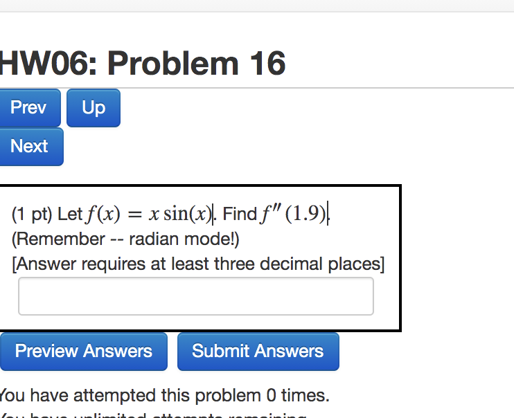 Solved HWO6: Problem 18 Prev Up Next (1 pt) If f(x) = 4x sin | Chegg.com