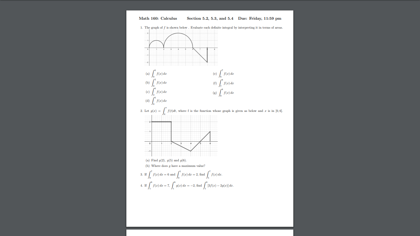 Solved Math 160: Calculus Section 5.2, 5.3, and 5.4 Due: | Chegg.com