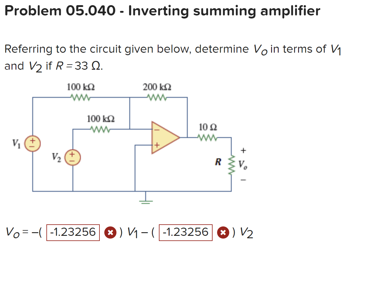 Solved Problem 05.040 - Inverting summing amplifier | Chegg.com