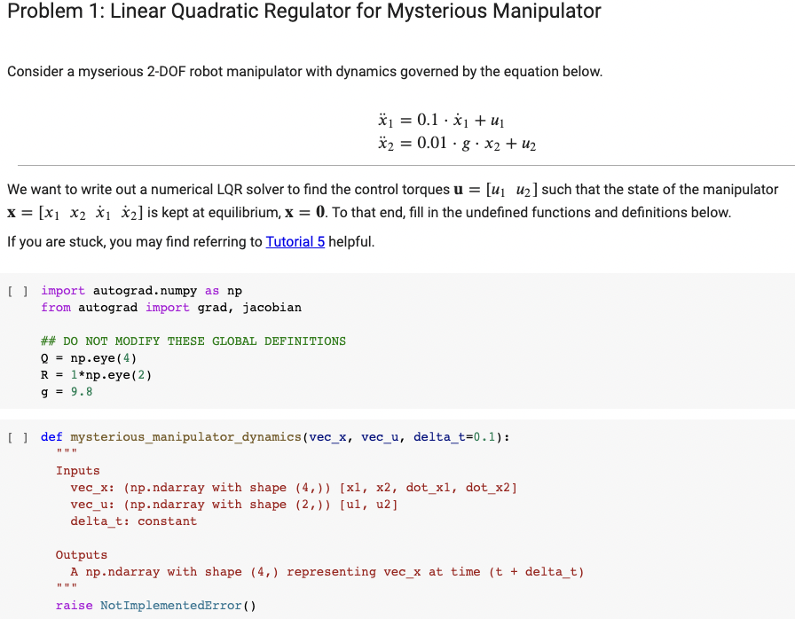 Solved Problem 1: Linear Quadratic Regulator for Mysterious | Chegg.com