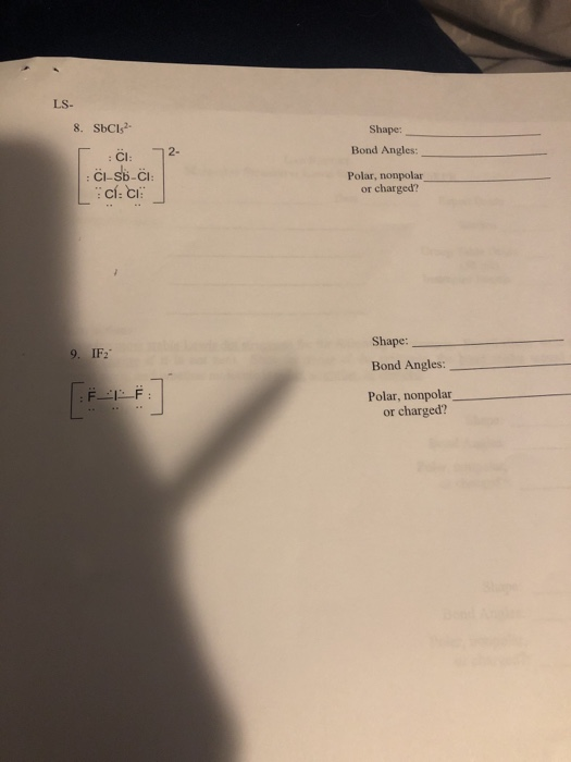Solved LS- 8. SbCls2 Shape: Cl 7 CI-SB-CI: Bond Angles: 2- | Chegg.com