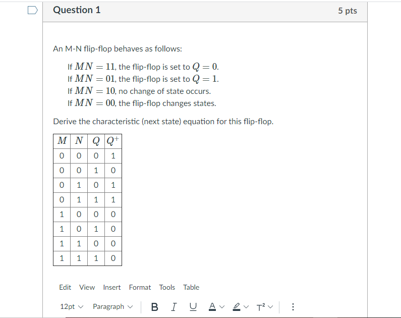 Solved Question 1 5 pts An M-N flip-flop behaves as follows: | Chegg.com