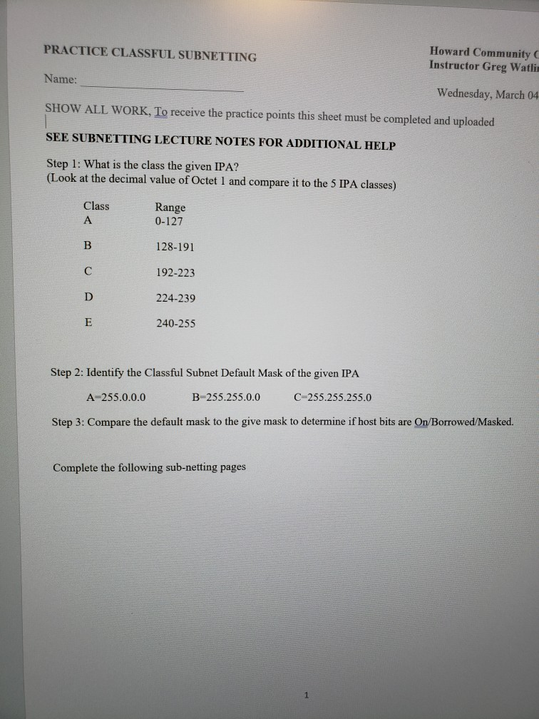 PRACTICE CLASSFUL SUBNETTING Howard Community | Chegg.com