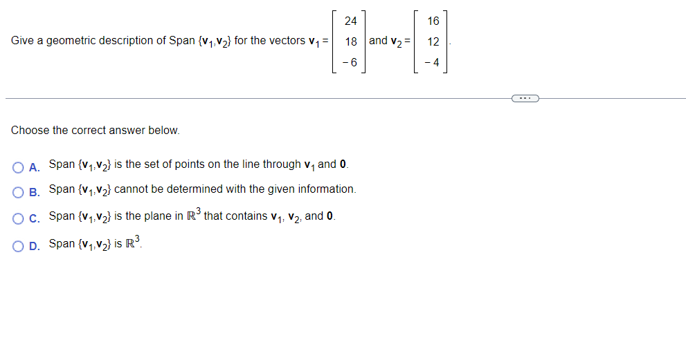 Solved Give a geometric description of Span{v1,v2} for the | Chegg.com