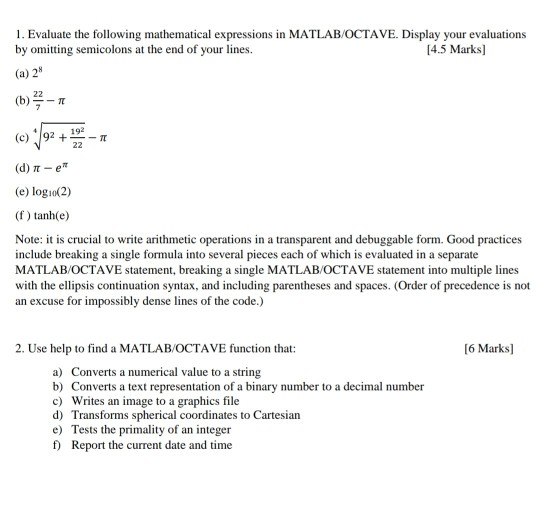 Solved 1. Evaluate the following mathematical expressions in | Chegg.com