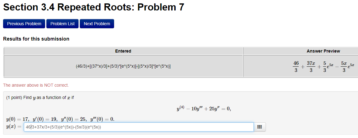 Solved Section 3.4 Repeated Roots: Problem 7 Previous | Chegg.com