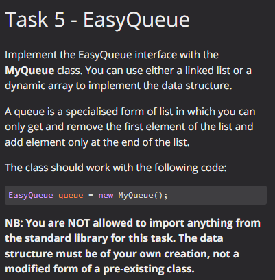 Solved Task 5 - EasyQueue Implement the EasyQueue interface | Chegg.com