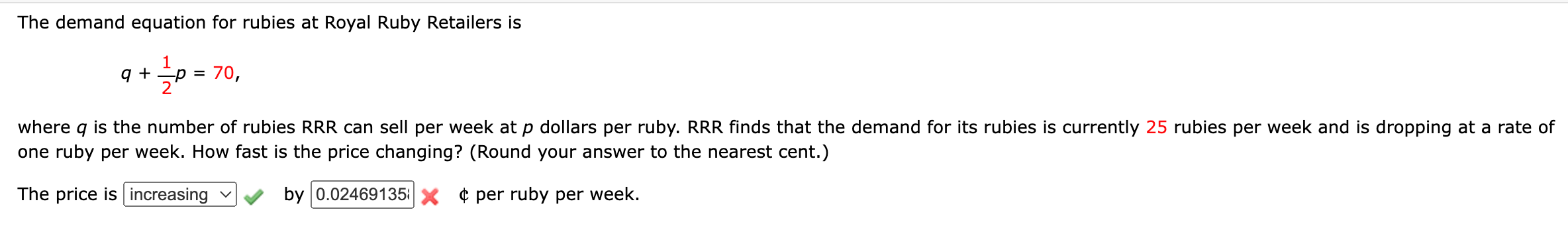 Solved The demand equation for rubies at Royal Ruby | Chegg.com