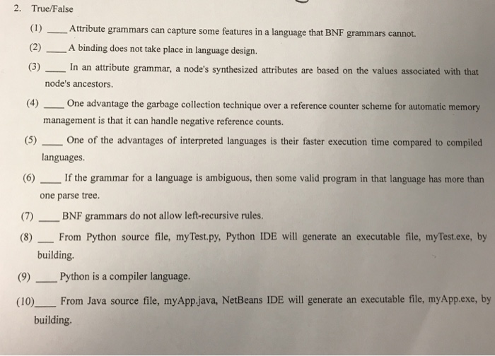 Solved 2. True/False (1) Attribute grammars can capture some | Chegg.com