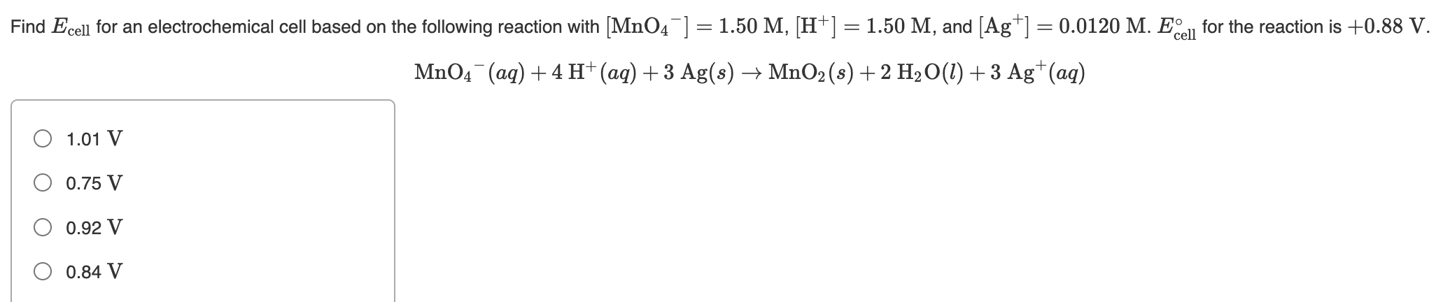 Solved MnO4−(aq)+4H+(aq)+3Ag(s)→MnO2(s)+2H2O(l)+3Ag+(aq) | Chegg.com